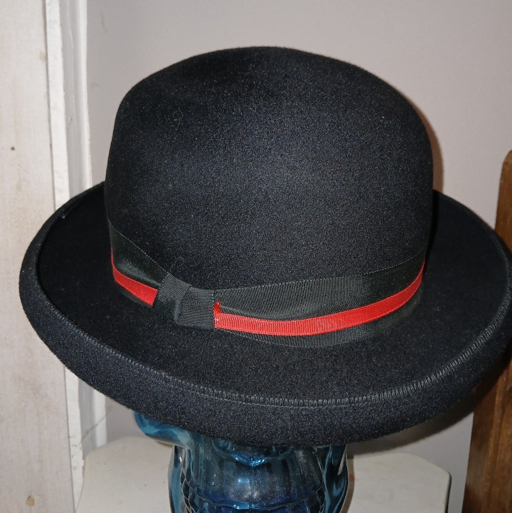 Halston Vintage Hat, Black With Black And Red Ribbon - Gem